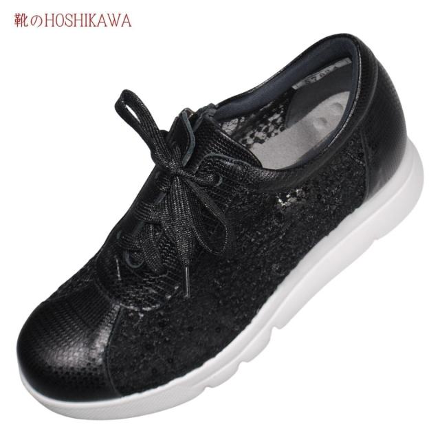 【靴のHOSHIKAWA】  『Dona Miss 57824』 ドナミス コンフォートシューズ 21.5cm〜25cm EEEE ブラック チュールレース レディース レースアップ 幅広 牛革 国産 春夏