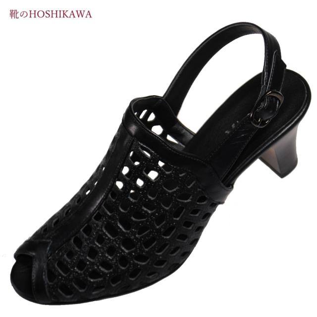 【靴のHOSHIKAWA】  『Dona Miss 6463』 ドナミス パックベルトサンダル 21.5cm〜24.5cm EEE ブラック パンチング オープントゥ ヒール 日本製 本革 春夏