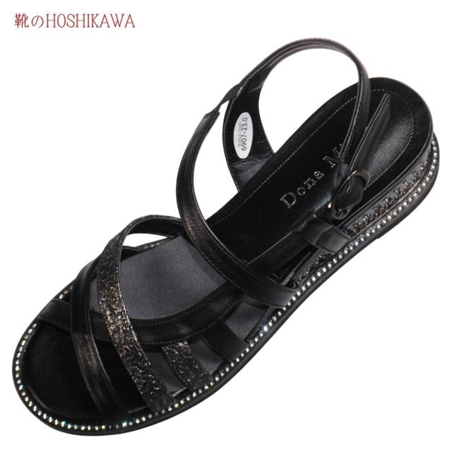 【靴のHOSHIKAWA】  『Dona Miss 6907』 ドナミス サンダル 22.5cm〜24.5cm EEE  レディース ブラック クリスタルヒール バックベルト ストラップ 国産 厚底 本革 春夏