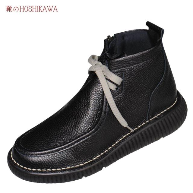 【靴のHOSHIKAWA】  『DONA MISS IP-34』 ドナミス モカシンブーツ 22.5cm〜24.5cm EEEE レディース ブラック ミドル丈 内側ファスナー レースアップ  牛革 日本製 幅広 秋冬