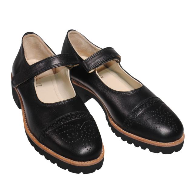 【靴のHOSHIKAWA】  『Dona Miss RT1-4』 ドナミス パンプス 22.5cm〜24.5cm レディース ブラック マジックテープ ローヒール アーモンドトゥ コンフォート ストレートっチップ 幅広 牛革 国産