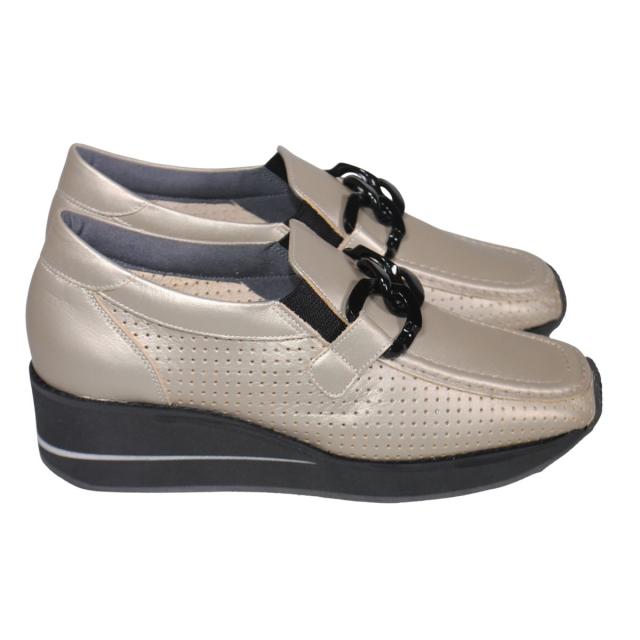 【靴のHOSHIKAWA】  『VITA NOVA 6975』 ヴィタノバ スリッポン 21.5cm〜24.5cm EEE レザーシューズ レディース プラチナ ローファー ウェッジソール チェーン スクエアトゥ 牛革 厚底