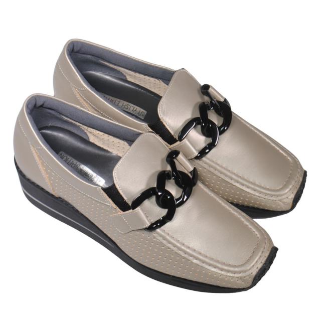 【靴のHOSHIKAWA】  『VITA NOVA 6975』 ヴィタノバ スリッポン 21.5cm〜24.5cm EEE レザーシューズ レディース プラチナ ローファー ウェッジソール チェーン スクエアトゥ 牛革 厚底