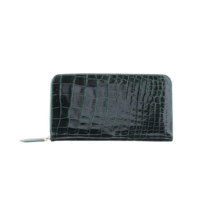 【希少本革】送料無料 クロコダイル本革 シャイニング グリーン 長財布 メンズ レディース兼用 高級 ロングウォレット 職人技 光沢仕上げ シャイニング 仕上げ 一枚革 腹革 ゴールドファスナー贈り物 プレゼント 大容量 高級 本物 革の王様ハンドメイド ハンドクラフト 天然