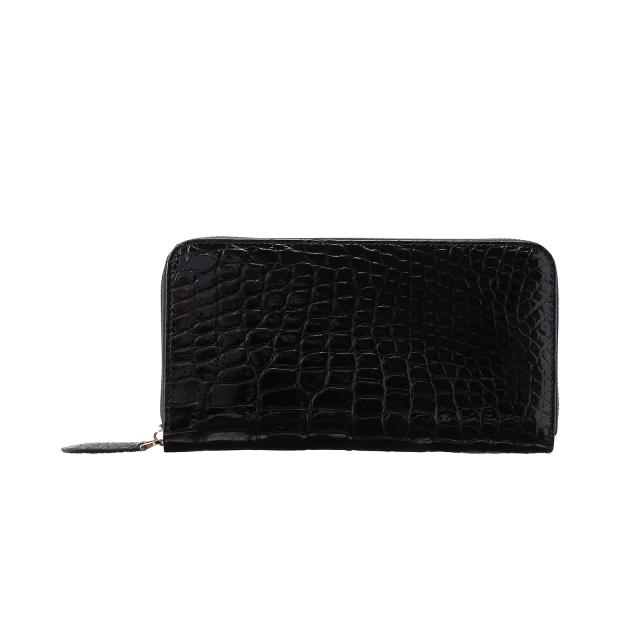 【希少本革】送料無料 クロコダイル本革 シャイニング ブラック 長財布 メンズ レディース兼用 高級 ロングウォレット 職人技 光沢仕上げ シャイニング 仕上げ 一枚革 腹革 ゴールドファスナー贈り物 プレゼント 大容量 高級 本物 革の王様ハンドメイド ハンドクラフト 天然