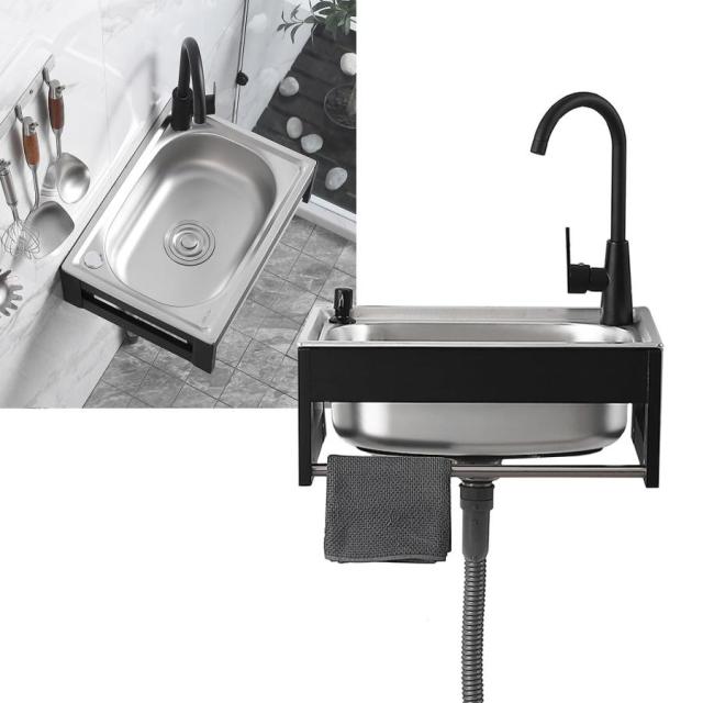 壁掛けシンク ステンレス製流し台 キッチンシンク 大容量シンク 組み立ては簡単 防油 防汚 耐久性 防錆 耐候性、屋外 台所用流し台 1槽洗面台業務用 厨房簡易流