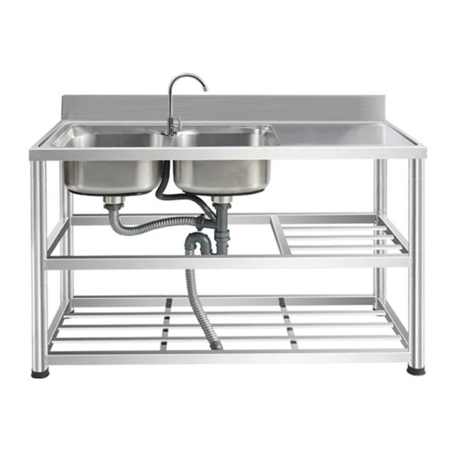 キッチンステンレスシンク/野菜盆地 スタンド付き 2槽シンク 幅120×奥行50×高さ80cm 家庭用キャビネットレストランシンク 簡易流し台 自立型シンク お手入れ簡