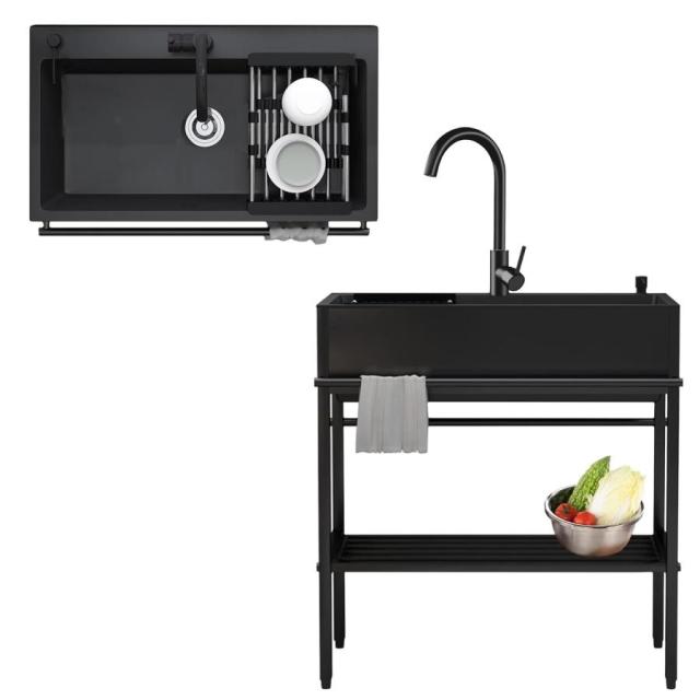 屋外 流し台 キッチンシンク 屋内屋外兼用 置き場付き シングルシンクステンレス流し台、錆びず ガーデンシンク キッチンステンレス製簡易排水シンク ガレージ用