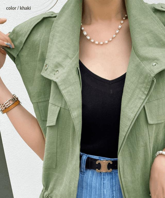 新作 ドローストリングコットンリネンミリタリーベスト レディース