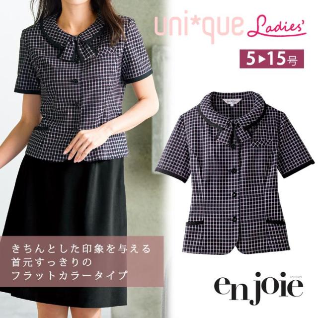 レディース 半袖 オーバーブラウス リボン付 春夏 チェック ライトジャケット オフィス ユニフォーム 制服 通勤 事務服 OL きれい きちんと ママ服 ジョア 26255