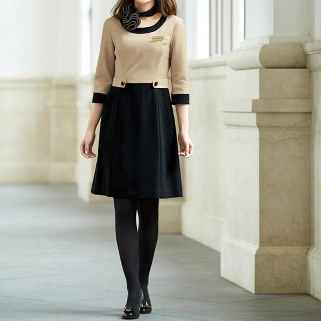 レディース ワンピース ひざ丈 オールシーズン ベージュ 切り替え