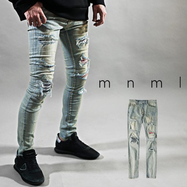 ミニマル mnml 20ML-SP857D パンツ スキニーパンツ メンズ デニム スキニーデニム ブランド 細め タイト ジーンズ ジーパン ブルー ダメージ オシャレ お洒落 大きいサイズ 28 30 32 インチ お兄系 オラオラ系 ちょいワル 夏服 夏 夏新作 新作 LL XL X214STRETCHDENIM