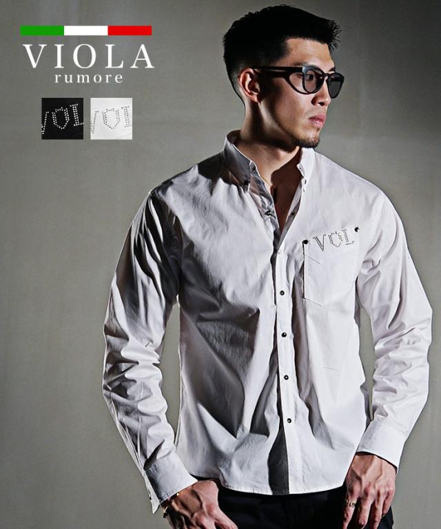 VIOLA rumore ヴィオラ 長袖シャツ メンズ ボタンダウンシャツ メンズ ラインストーン シャツ メンズ 長袖 カジュアル ロゴ カジュアルシャツ 黒 白 きれいめ 夏 夏服 夏物 春夏 メンズファッション ちょいワル お兄系 オラオラ系 Y42300