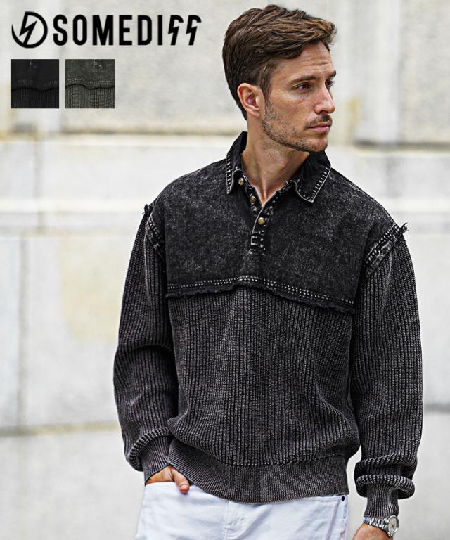 ニットポロ メンズ 長袖 ニット 新作 ブランド ポロシャツ メンズ 長袖 硫化染め ビッグサイズ ニット メンズ ポロシャツ 刺繍 おしゃれ ブランド 黒 緑 カーキ ブラック LL XL 大きいサイズ 冬 冬服 冬物 秋冬 ちょいワル SOMEDIFF サムディフ