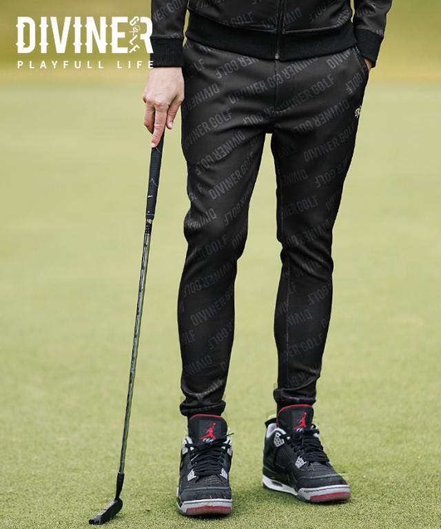 【DIVINER GOLF】  ゴルフパンツ メンズ ジョガーパンツ ブラック 総柄 ゴルフウェア ボトムス メンズ ロゴ ストレッチ ポンチ素材 細身 ズボン ゴルフ スリム XL XXL ジョーカー JOKER ゴルフ ディバイナーゴルフ