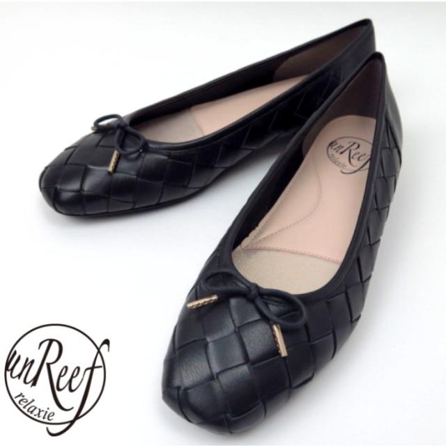 unReef アンリーフ UR3911 ブラック(B) 婦人 レディース　パンプス 天然皮革 リボンモチーフ メッシュカッター  低い フラットソール