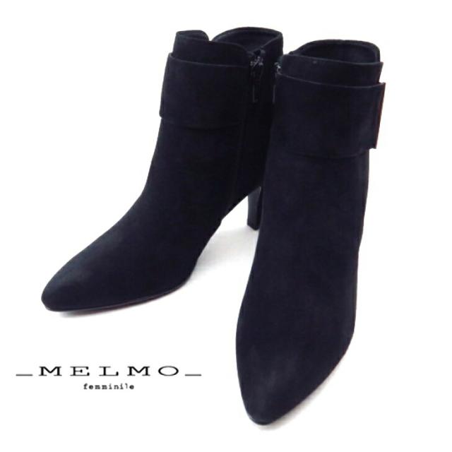 メルモ ＭＬ７７４７ ＢS ブラックスエード ショートブーツ ベルト飾り ポインテッドトゥ レディース ヒール ブラック ベルテッドショートブーツ