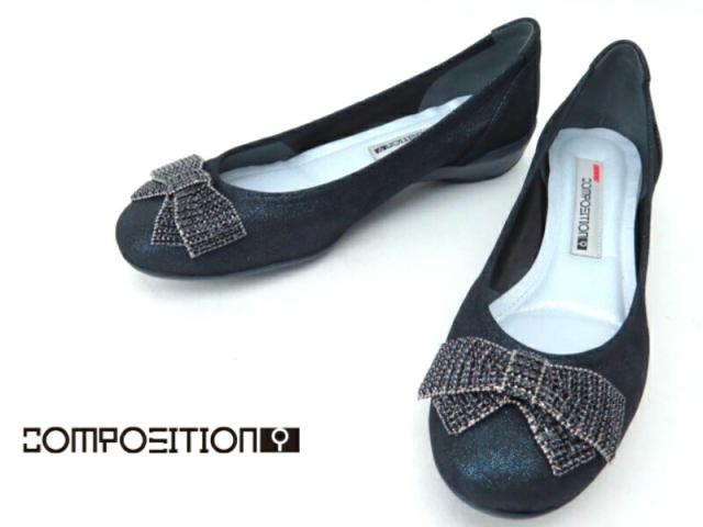 composition9 コンポジションナイン CP2726 コンフォートシューズ バレエシューズ カッター 婦人靴 リボン飾り ウエッジヒール ネイビー(NV) 22cm 22.5cm 23cm 23.5cm 24cm 24.5cm