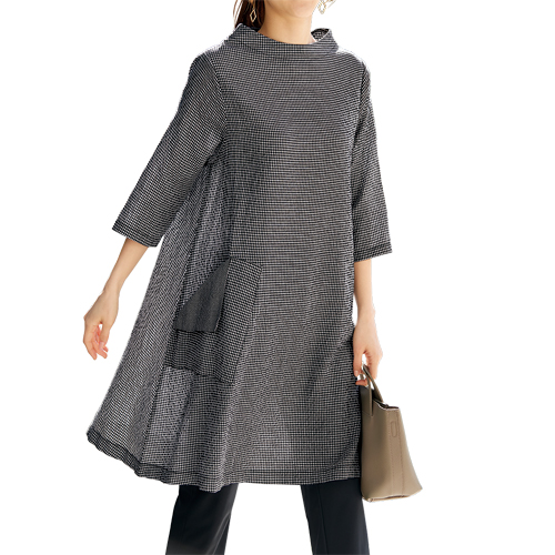 ワンピース レディース スタンドカラー 五分袖 春夏 ギンガムサッカーワンピース ブラック× ホワイト ひざ丈 婦人服 ミセス シニア 女性 ギンガムチェック シニアファッション 40代 50代 60代 70代 80代 母の日 お母さん かわいい 上品 春物 夏物　nss　p24067