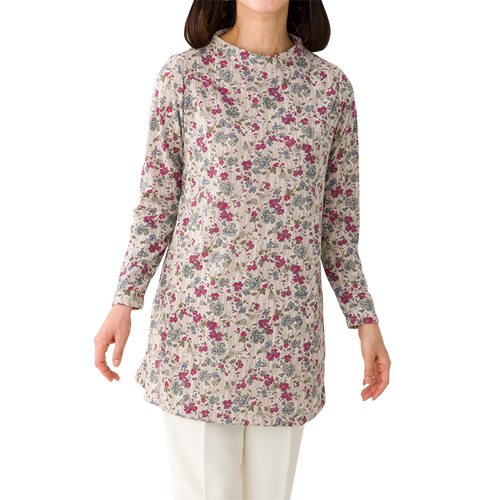 チュニック 春夏 日本製 京丹波友禅染チュニック ベージュ カットソー レディース 長袖 花柄 婦人服 ミセス シニア 女性 クルーネック 丸首 モックネック 友禅染め シニアファッション 40代 50代 60代 70代 80代 90代 母の日 お母さん　fuji　p24093