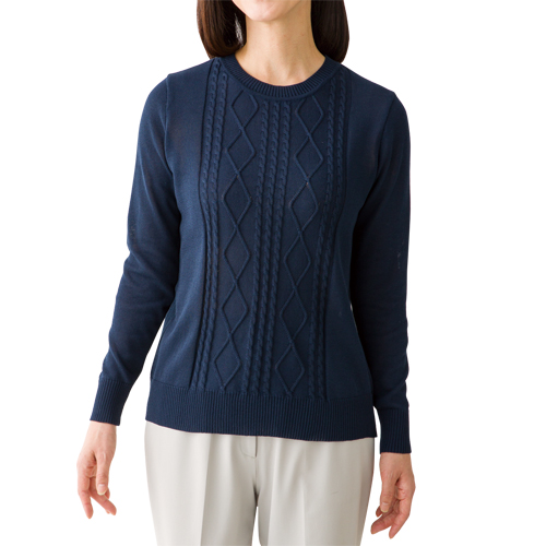 ニット セーター レディース シニア 日本製 ダイヤ柄プルオーバー ネイビー 紺色 丸首 クルーネック 婦人服 ミセス シニア 女性 綿混 シニアファッション 40代 50代 60代 70代 80代 母の日 お母さん おばあちゃん 誕生日 プレゼント 秋冬　fuji　p24100