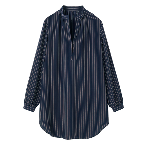 ブラウス 日本製 ストライプ柄プリントロングブラウス シャツ ブラウス レディース 長袖 スタンドカラー 婦人服 ミセス シニア 女性 シニアファッション 50代 60代 70代 80代 母の日 お母さん 紺色 ストライプ柄 バンドカラー 長め丈　fuji　p24105