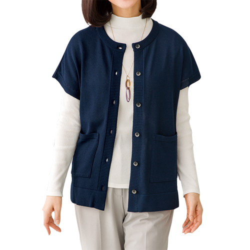 ベスト 春夏 日本製 フレンチスリーブニットベスト ネイビー ベスト 前開き レディース 半袖 婦人服 ミセス シニア 女性 丸首 クルーネック シンプル シニアファッション 50代 60代 70代 80代 母の日 お母さん チョッキ　fuji　p24107