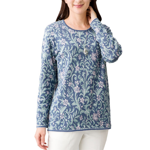 カットソー 長袖 クルーネック ブルー トップス レディース 日本製 綿混 ジャカード ロングプルオーバー ブルー系 婦人服 ミセス シニア 女性 花柄 フラワー柄 青 丸首 シニアファッション 40代 50代 60代 70代 80代 90代 母の日 お母さん おばあちゃん 春夏　fuji　p15315 カットソー 長袖 クルーネック ブルー トップス レディース 日本製 綿