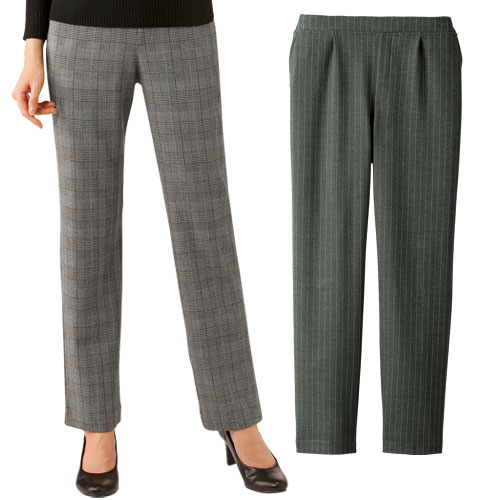 ストレッチパンツ レディース シニア 秋冬 ウール調ラクのびパンツ（2本組） 選べる股下丈 ボトムス 婦人服 ミセス グレー系 ストライプ グレンチェック シニアファッション 40代 50代 60代 70代 80代  母の日 お母さん 秋物 冬物　fri　p16045　p24041　p24974
