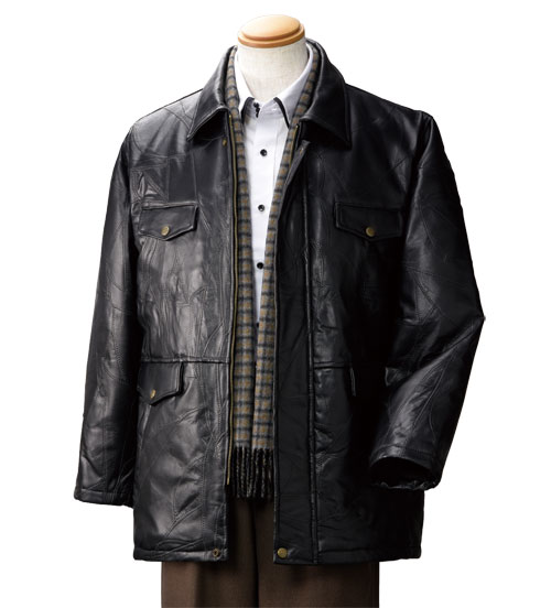 ブラック レザーコート 革ジャン メンズ フランコ・コレツィオーニ ラム革軽量パッチワークコート 紳士服 シニア 男性 ジャケット ラムレザー ハーフコート ショートコート 黒 シニアファッション 40代 50代 60代 70代 80代 父の日 お父さん おじいちゃん 秋冬　arr　p17468