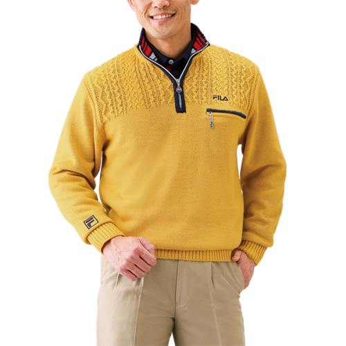 ニット セーター メンズ シニア 秋冬 FILA 編地切替アクティブセーター 2色組 紳士服 カラシ色 からし マスタード 黄色 イエロー カジュアル ネイビー 紺色 シニアファッション 50代 60代 70代 80代 父の日 お父さん フィラ プレゼント　fri　p18828　p23295　p24988　p27707