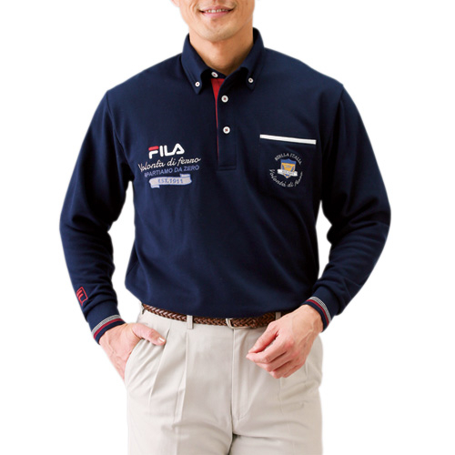 ポロシャツ 長袖 メンズ シニア 秋冬 FILA 裏起毛ビッグ刺しゅうポロシャツ 3色組 紳士服 男性 白 紺色 赤 ホワイト ネイビー レッド カジュアル ボタンダウン オシャレ シニアファッション 50代 60代 70代 80代 父の日 お父さん フィラ　fri　p18829　p26529