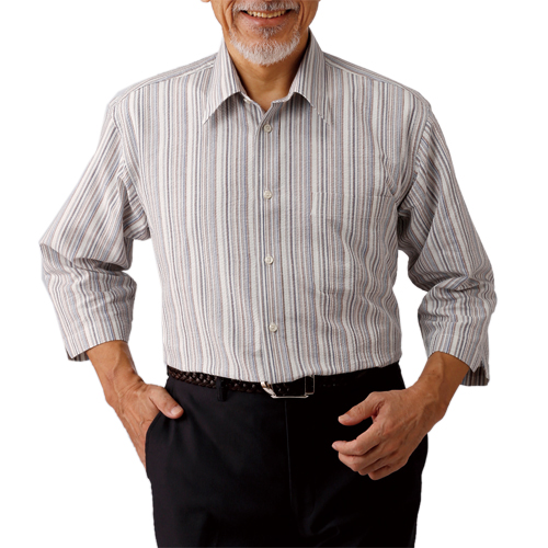 麻混 しじら シャツ カジュアルシャツ 7分袖 メンズ 麻混しじら ストライプ 七分袖 シャツ 2色組 紳士服 シニア 男性 ネイビー系 ベージュ系 縦縞 縞模様 サマーシャツ シンプル シニアファッション 40代 50代 60代 70代 80代 父の日 お父さん 春物 夏物 春夏　how　p18868