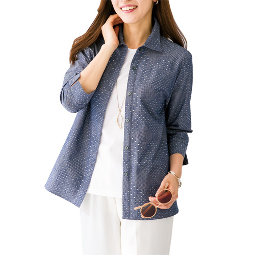 ブラウス 春夏 日本製 ダンガリージャカードブラウス ブルー コットンブラウス レディース 婦人服 ミセス シニア 7分袖 カジュアルシャツ シニアファッション 50代 60代 70代 80代 母の日 お母さん　fuji　p19760