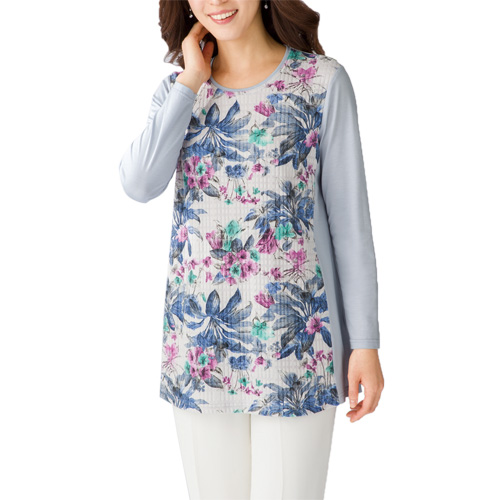 プルオーバー 春夏 日本製 プリント切替えプルオーバー ブルー系 ロングシャツ カットソー レディース 婦人服 ミセス シニア 花柄 フラワー柄 華やか シニアファッション 50代 60代 70代 80代 母の日 お母さん　fuji　p19772