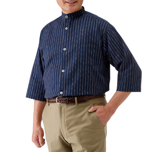 スタンドカラーシャツ メンズ 春夏 日本製 紳士亀田ちぢみ織スタンド衿シャツ 紺色系 紳士服 シニア カジュアルシャツ 七分袖シャツ ストライプ柄 和風 立襟 シニアファッション 40代 50代 60代 70代 80代 父の日 お父さん プレゼント 春物 夏物　natu　p20066