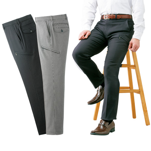 カーゴパンツ メンズ シニア 秋冬 裏起毛チドリ柄ストレッチカーゴパンツ（2色組） 選べる股下丈 紳士服 男性 長ズボン 千鳥柄 千鳥格子柄 黒 グレー ストレッチパンツ カジュアル シニアファッション 40代 50代 60代 70代 80代 父の日 お父さん 裾上げ済み　fri　p20241