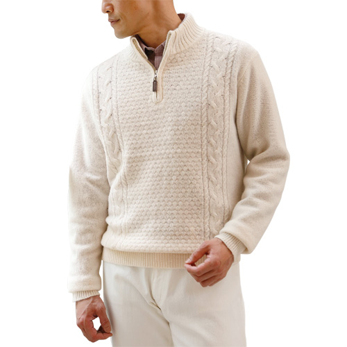 セーター ニット ウール メンズ シニア 秋冬 上質ウール100％ケーブル編みセーター 全2色 紳士服 男性 グレー ホワイト 灰色 白 ハイネック ジップアップ あったか 暖かい シンプル きれいめ 羊毛 シニアファッション 50代 60代 70代 80代 父の日 お父さん　fri　p20546