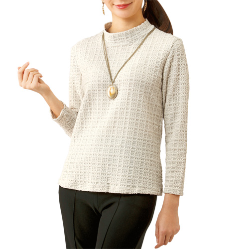 ハイネックカットソー レディース 秋冬 日本製 ふくれジャカードプルオーバー（3色組） 婦人服 ミセス シニア 女性 ブラック グリーン ベージュ 黒 緑 格子柄 シニアファッション 40代 50代 60代 70代 80代 ギフト プレゼント 母の日 お母さん　fri　p20558　p23519