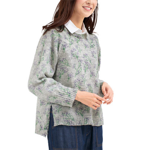秋冬 花柄プリントセーター グレー系 ニット クルーネック レディース 婦人服 ミセス シニア 女性 ナチュラル かわいい シンプル シニアファッション 50代 60代 70代 80代 母の日 お母さん　nss　p20796