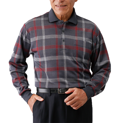 ポロシャツ 長袖 メンズ シニア 日本製 紳士 ウール入り 格子柄 ポロシャツ 2色組 紳士服 男性 カジュアルシャツ チェック柄 グリーン系 ワインレッド系 緑 赤 グレー シニアファッション 50代 60代 70代 80代 父の日 お父さん おじいちゃん 秋冬　sai　p20893　p20998