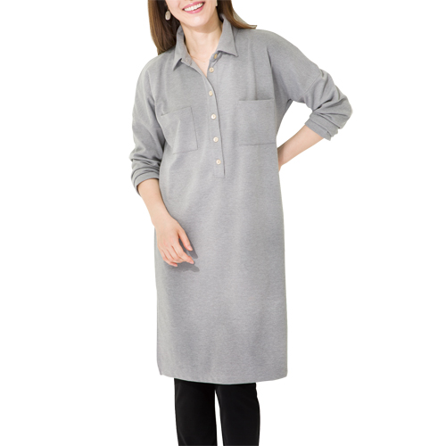 シャツワンピース レディース 日本製 ポンチ素材 襟付きワンピース グレー ドロップショルダー 婦人服 ミセス シニア 女性 灰色 シンプル 上品 ストレッチ チュニック シニアファッション 40代 50代 60代 70代 80代 母の日 お母さん おばあちゃん 春夏　fuji　p21069