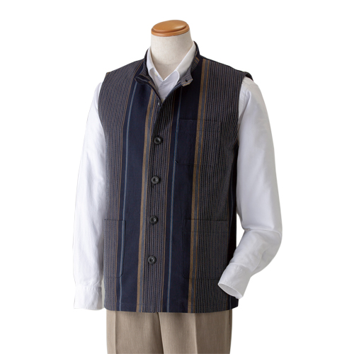 前開き ベスト 和風 メンズ 春夏 日本製 紳士 亀田縞 ベスト 全2色 スタンドカラー 紳士服 シニア 男性 ストライプ ネイビー系 紺色系 グレー系 灰色系 ファッション 40代 50代 60代 70代 80代 父の日 お父さん バンドカラー 立襟 チョッキ 春物 夏物　natu　p21257