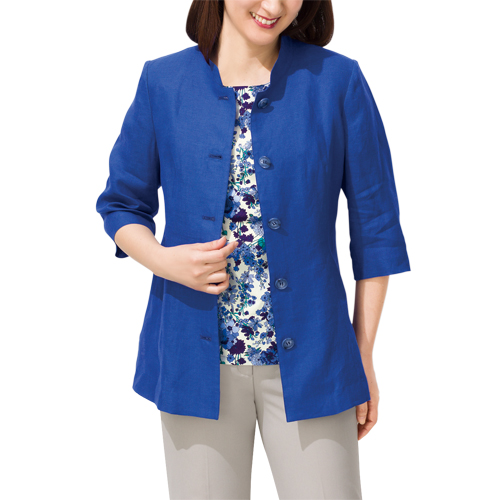 ジャケット 麻素材 アウター レディース ブルー 日本製 麻100％ 七分袖ジャケット 婦人服 ミセス シニア 女性 スタンドカラー 青系 麻ジャケット シンプル 上品 シニアファッション 40代 50代 60代 70代 80代 母の日 お母さん 春物 夏物 春夏 麻　fuji　p21433