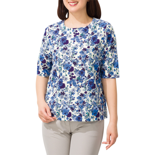 ブラウス コットン レディース ブルー系 丸首 五分袖 日本製 綿100％ ボタニカル柄ブラウス 婦人服 ミセス シニア 女性 花柄 クルーネック 上品 華やか シニアファッション 40代 50代 60代 70代 80代 母の日 お母さん 春夏　fuji　p21434