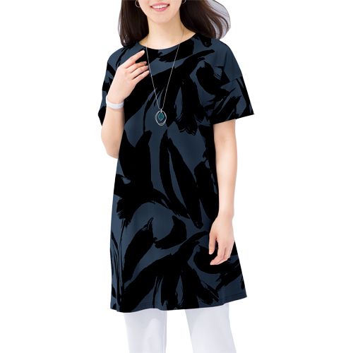 チュニック 春夏 日本製 リーフ柄ビッグシルエットチュニック 紺色系 半袖チュニック 丸首 レディース 婦人服 ミセス シニア 女性 モダン シニアファッション 50代 60代 70代 80代 母の日 お母さん　fuji　p21441
