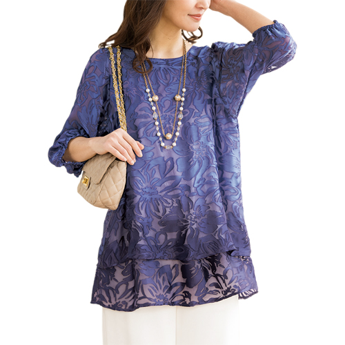 シルク使いグラデーションオパールチュニック 全2色 花柄 五分袖 チュニック ブラウス レディース 婦人服 ミセス シニア 女性 パープル系 グレー系 紫 灰色 丸襟 クルーネック 絹 シニアファッション 40代 50代 60代 70代 80代 母の日 お母さん 春夏　sowa　p21456