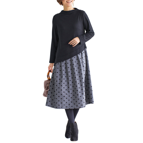 ワンピース レディース シニア 秋冬 ドット柄ドッキングワンピース モノトーン グレー系 婦人服 ミセス 女性 かわいい 水玉模様 シンプル オシャレ フェミニン シニアファッション 50代 60代 70代 80代 母の日 お母さん ドット柄 無地　nss　p22262