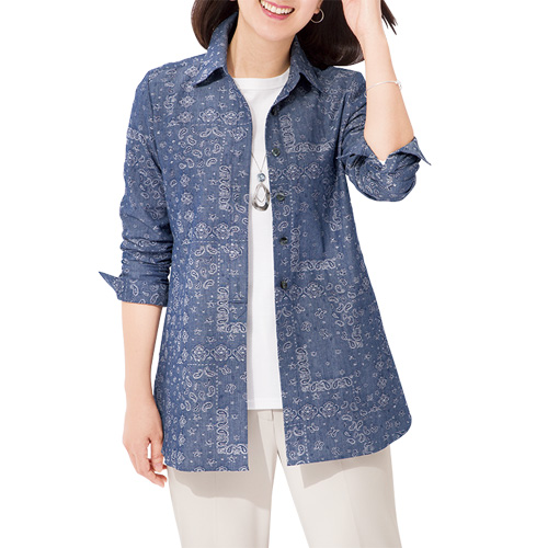 ブラウス ダンガリー シャツ レディース シニア ブルー 日本製 ペイズリー柄 ダンガリージャカードブラウス 婦人服 ミセス 女性 青系 ジャガード シニアファッション 40代 50代 60代 70代 80代 母の日 お母さん カジュアルシャツ コットン 春物 夏物 春夏　fuji　p22522