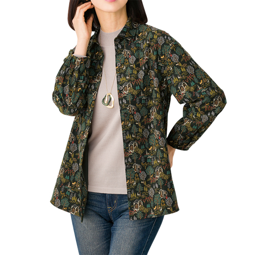 ブラウス レディース シニア グリーン 秋冬 日本製 プリントブラウス ダークグリーン トップス シャツ コーデュロイ 長袖 婦人服 ミセス 女性 緑 深緑 コットン 上品 シニアファッション 50代 60代 70代 80代 母の日 お母さん おばあちゃん　fuji　p23152